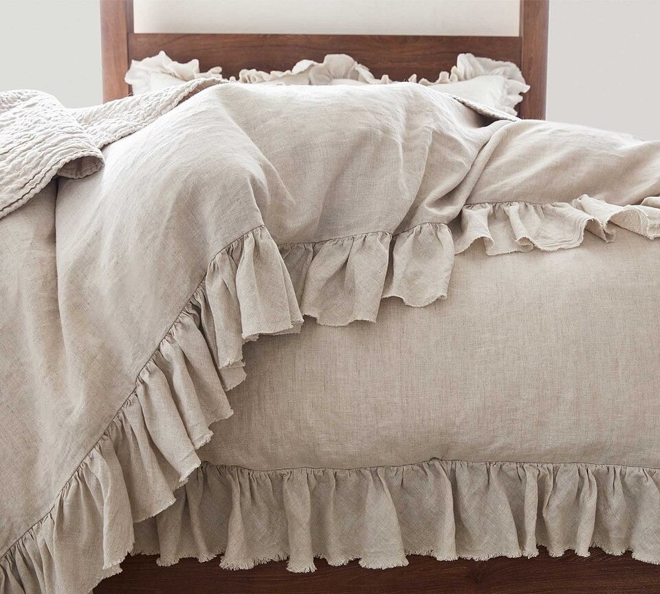 Belgian Linen Raw Edge Ruffle Quilt Cover & Pillowcases-Flax | Pottery ...