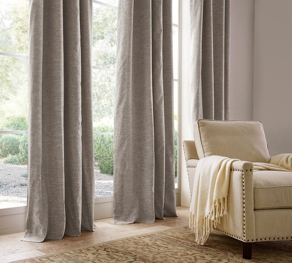 Emery Linen/Cotton Pole-Pocket Blockout Curtain - Blue Dawn - Pottery ...