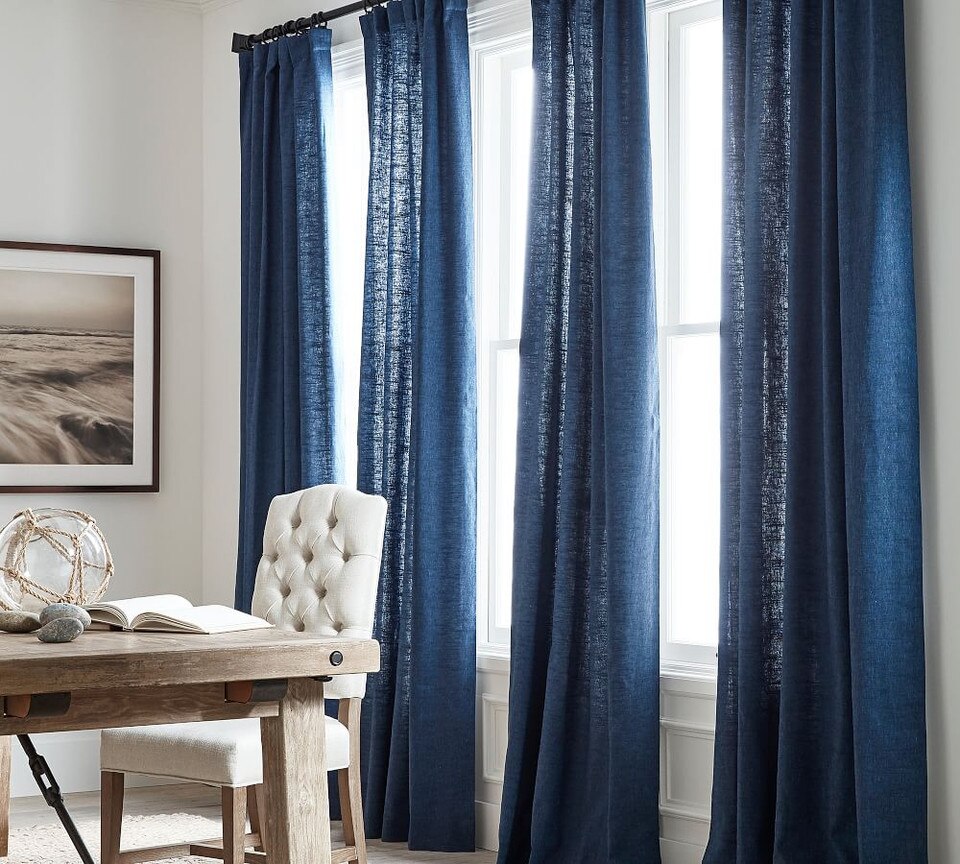 Emery Linen/Cotton Pole-Pocket Blockout Curtain - Blue Dawn - Pottery ...