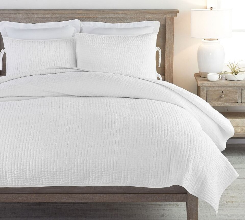 Pick-Stitch Handcrafted Cotton Linen Blend Quilt & Shams - White ...