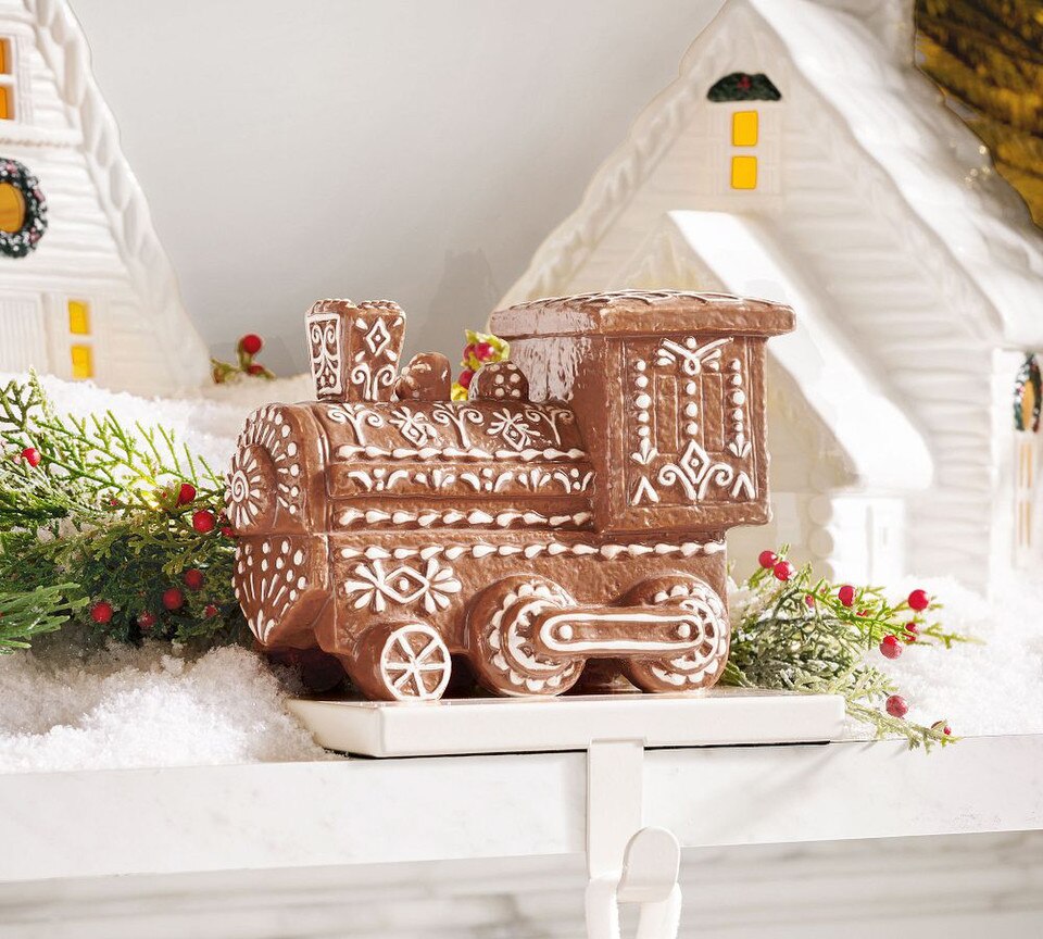 Handcrafted Ceramic Gingerbread Train Stocking Holder | Pottery Barn ...